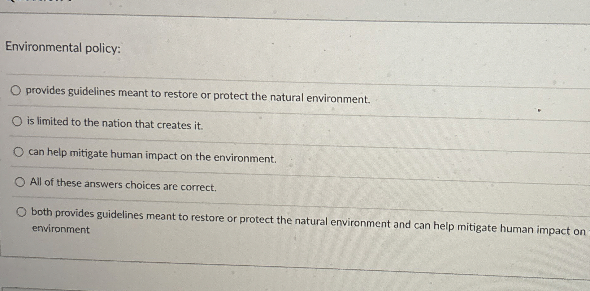 Solved Environmental policy:provides guidelines meant to | Chegg.com