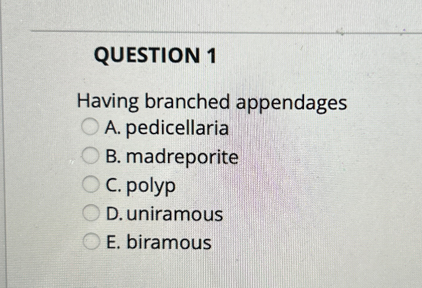 Solved QUESTION 1Having branched appendagesA. | Chegg.com