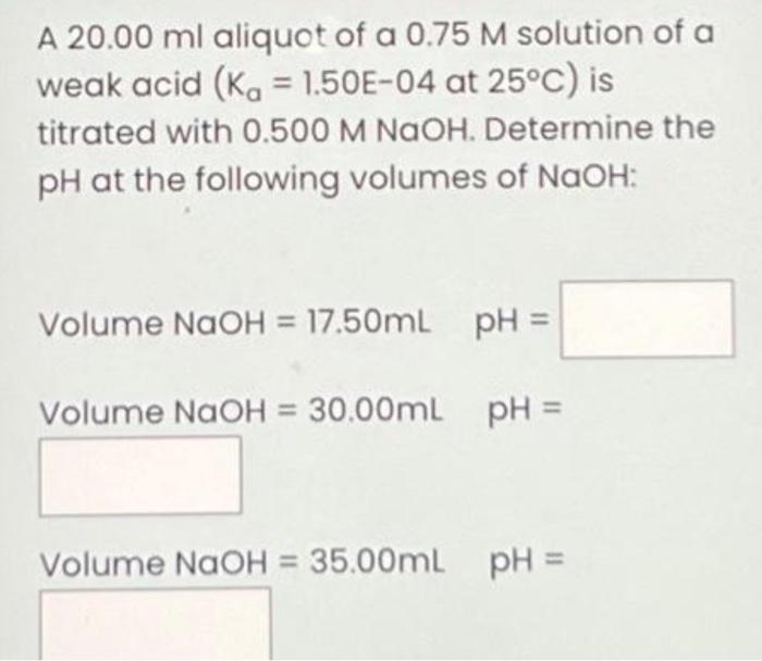 Solved A 20.00ml aliquot of a 0.75M solution of a weak acid | Chegg.com