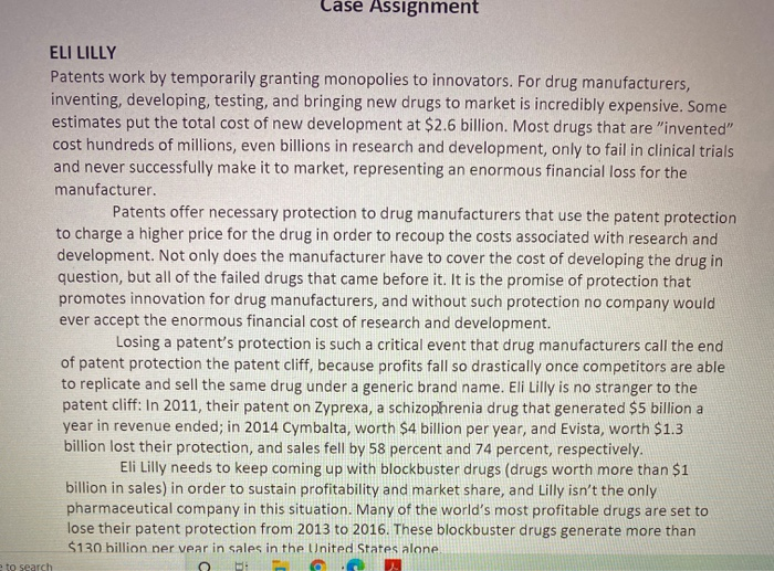 Solved Case Assignment ELI LILLY Patents work by temporarily | Chegg.com
