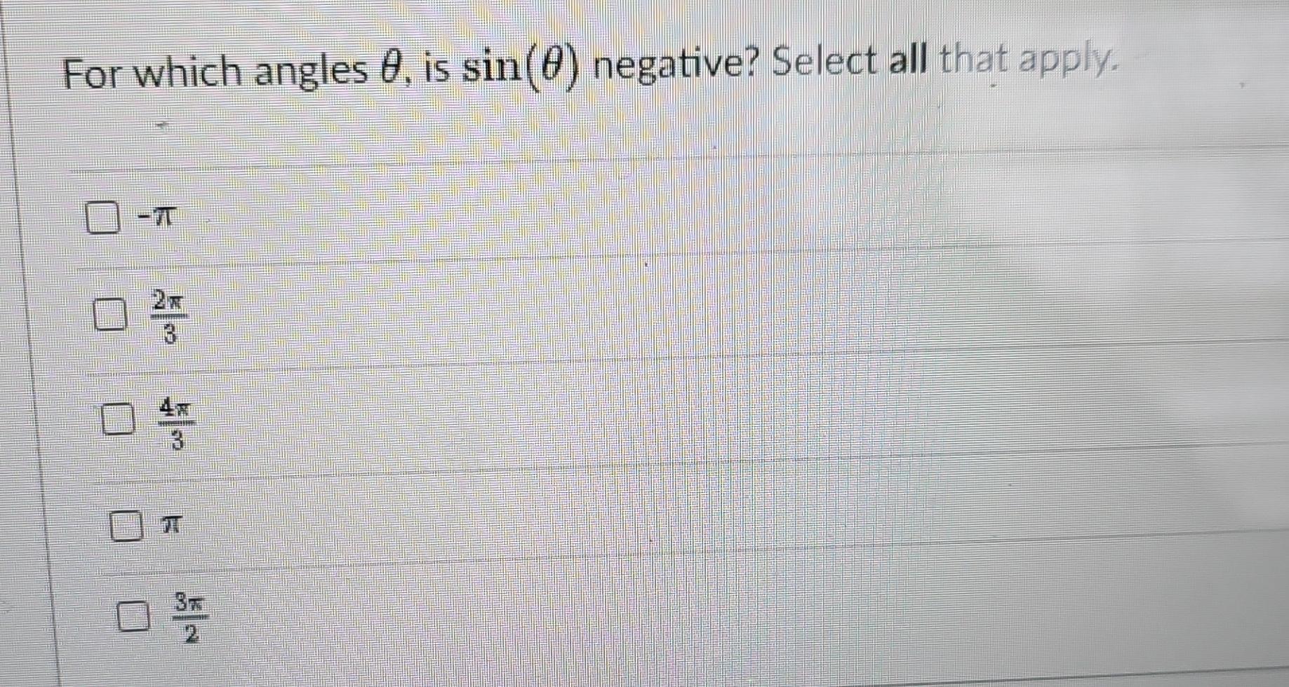 Solved For which angles θ, ﻿is sin(θ) ﻿negative? Select all | Chegg.com