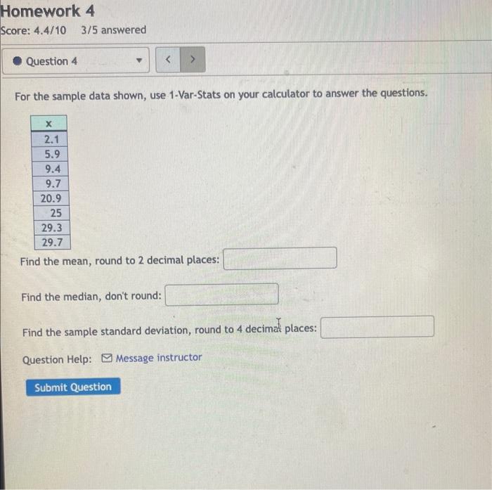 Solved For the sample data shown, use 1-Var-Stats on your | Chegg.com