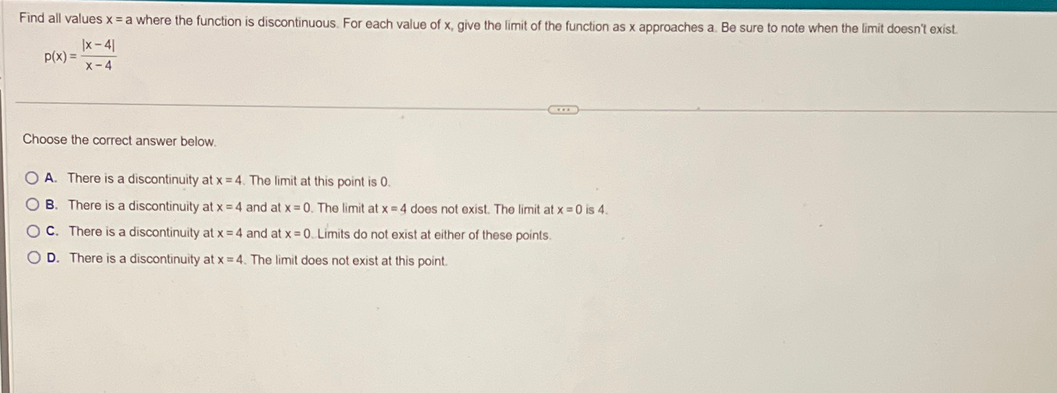 Solved Find all values x=a where the function is | Chegg.com