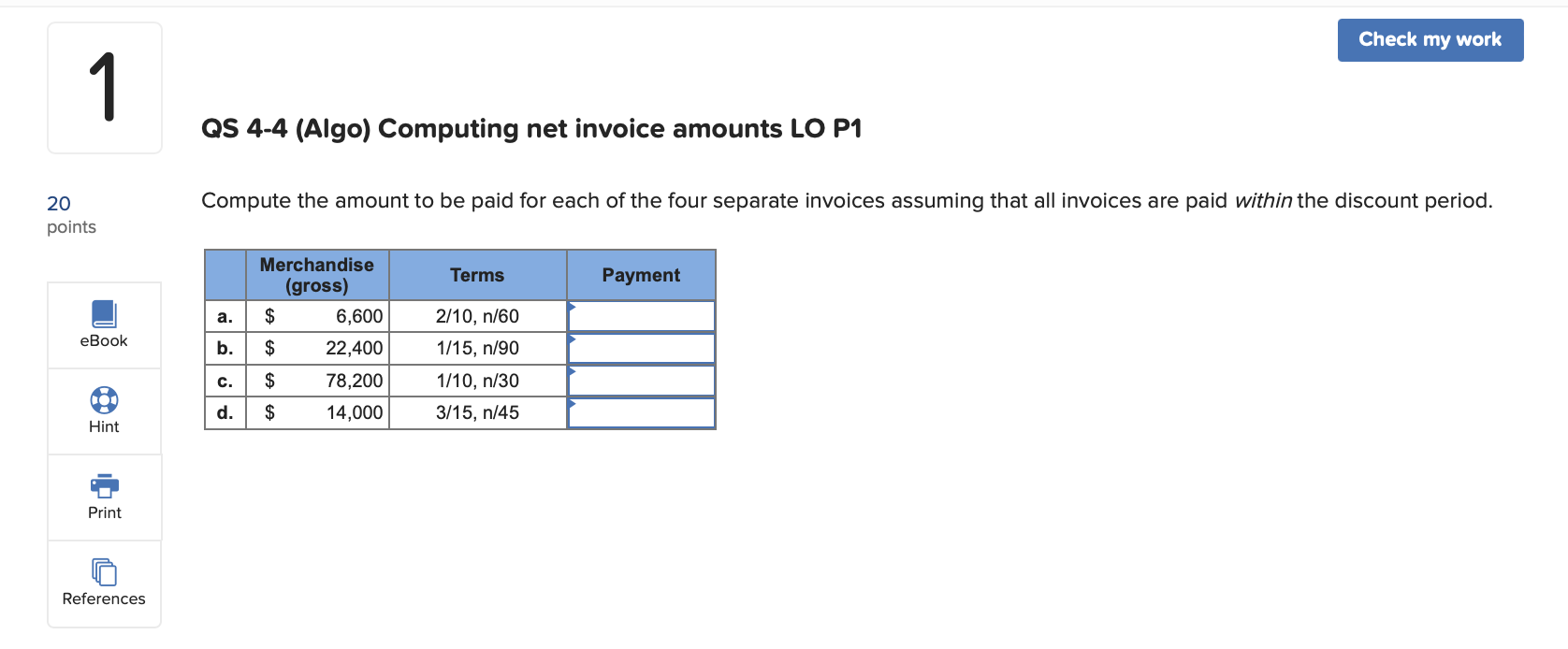 Solved QS 4-4 (Algo) ﻿Computing net invoice amounts LO | Chegg.com