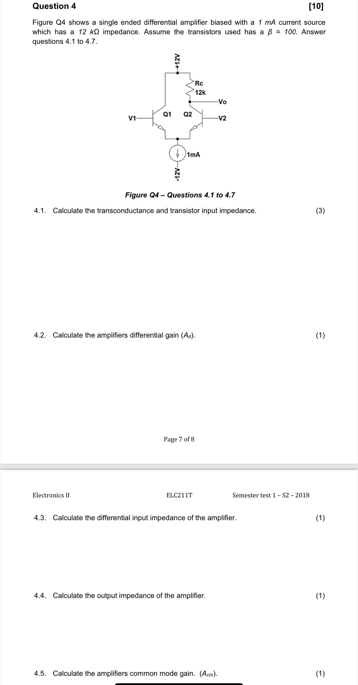 Solved Question 4[10]Figure Q4 ﻿shows a single ended | Chegg.com