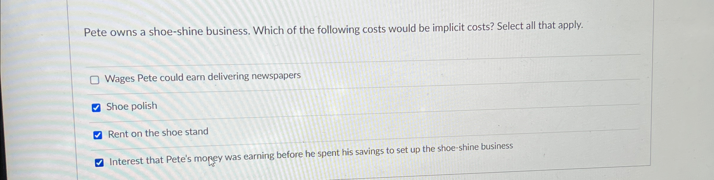 Solved Pete owns a shoe-shine business. Which of the | Chegg.com