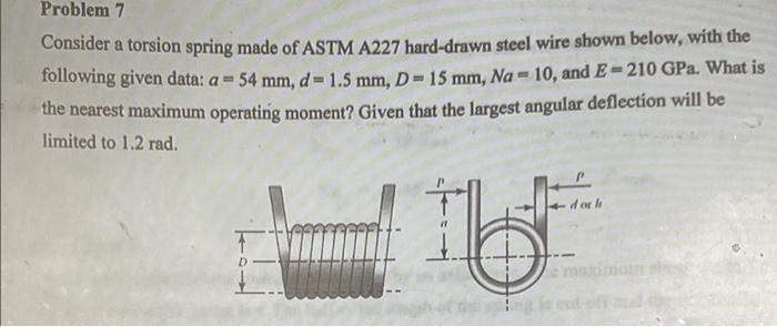 Solved Problem 7 Consider a torsion spring made of ASTM A227 | Chegg.com