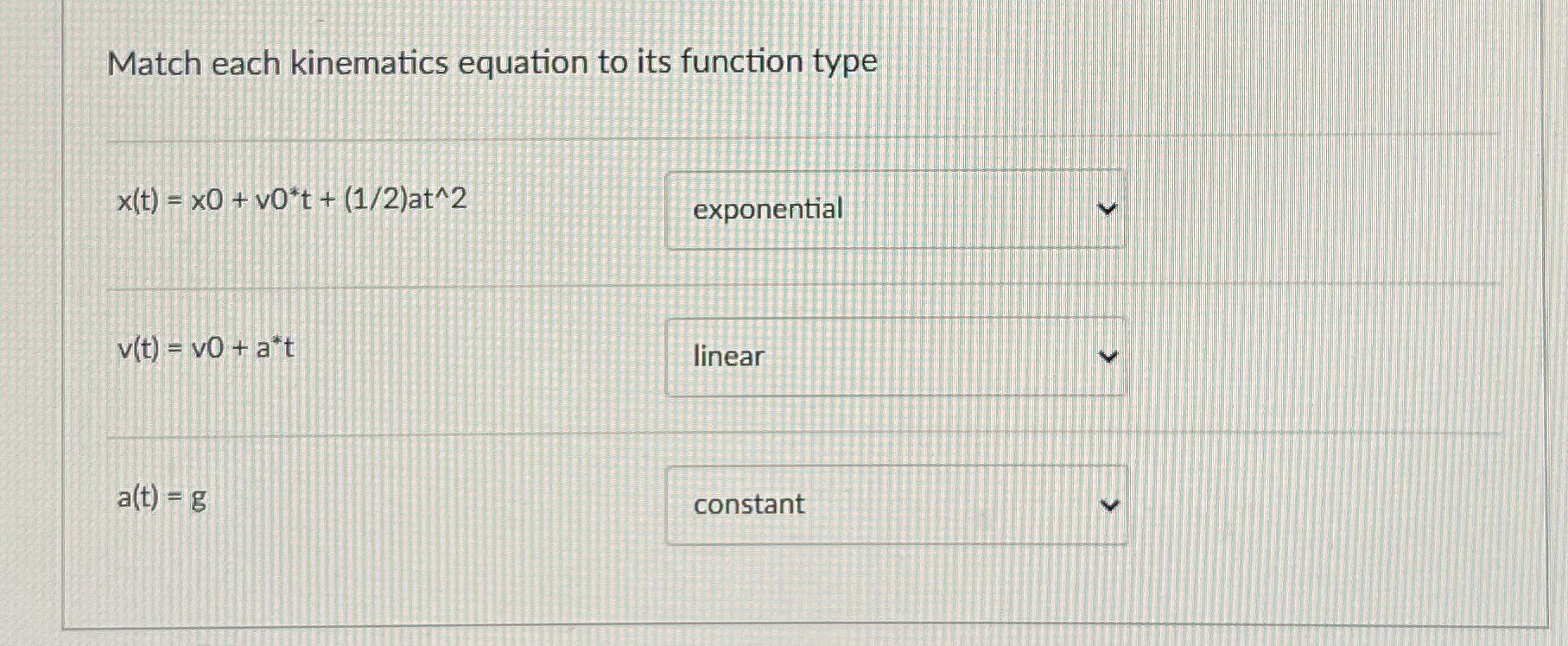 Solved Match each kinematics equation to its function | Chegg.com