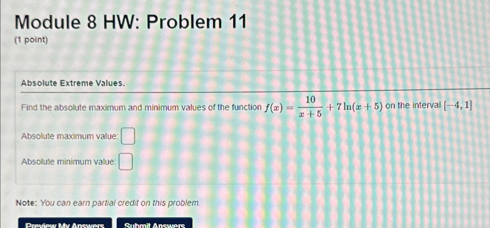 Solved Module 8 ﻿HW: Problem 11(1 ﻿point)Absolute Extreme | Chegg.com