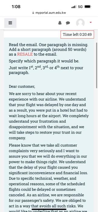 Read the email. One paragraph is missing. Add a short | Chegg.com