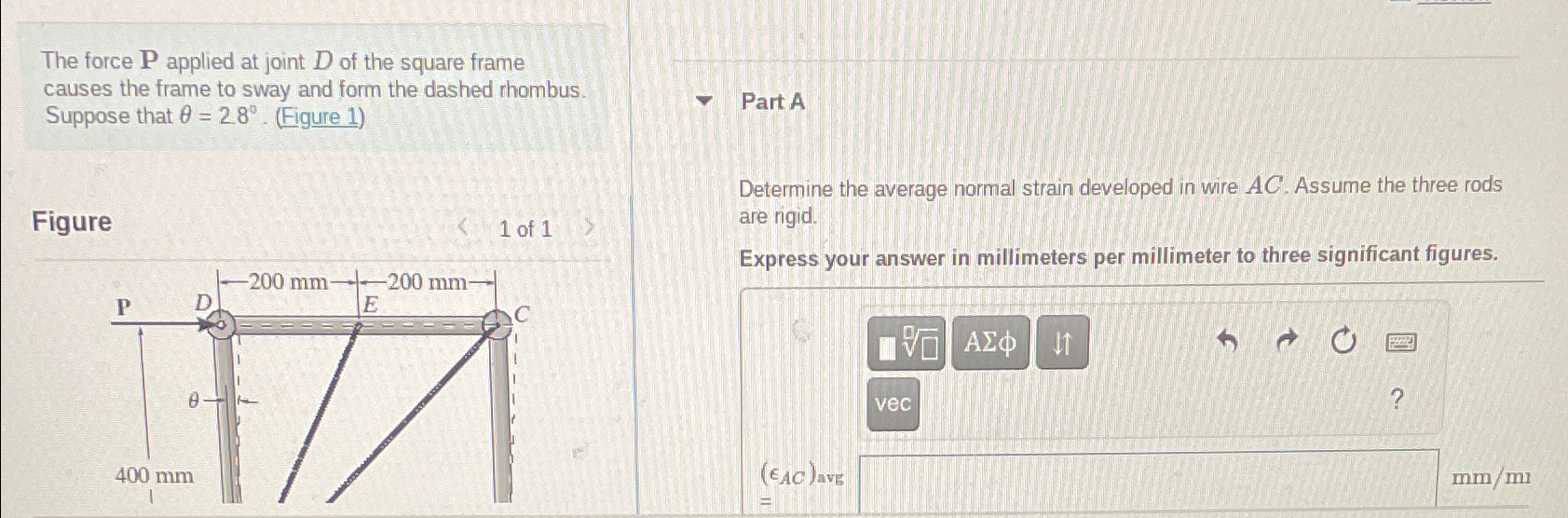 The force P applied at joint D of the square frame | Chegg.com