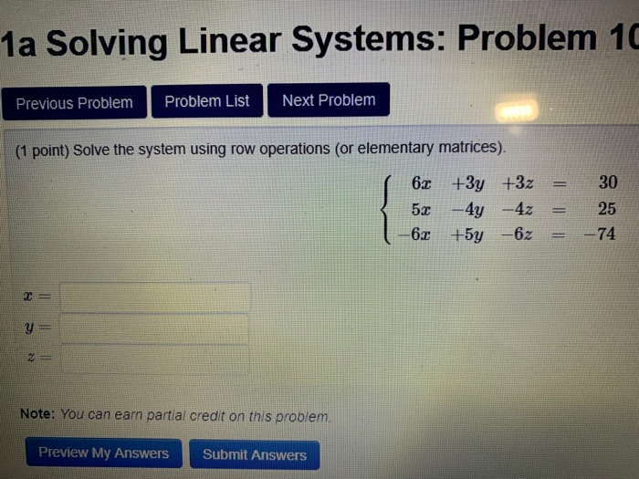 Solved 1a Solving Linear Systems Problem 10 Previous