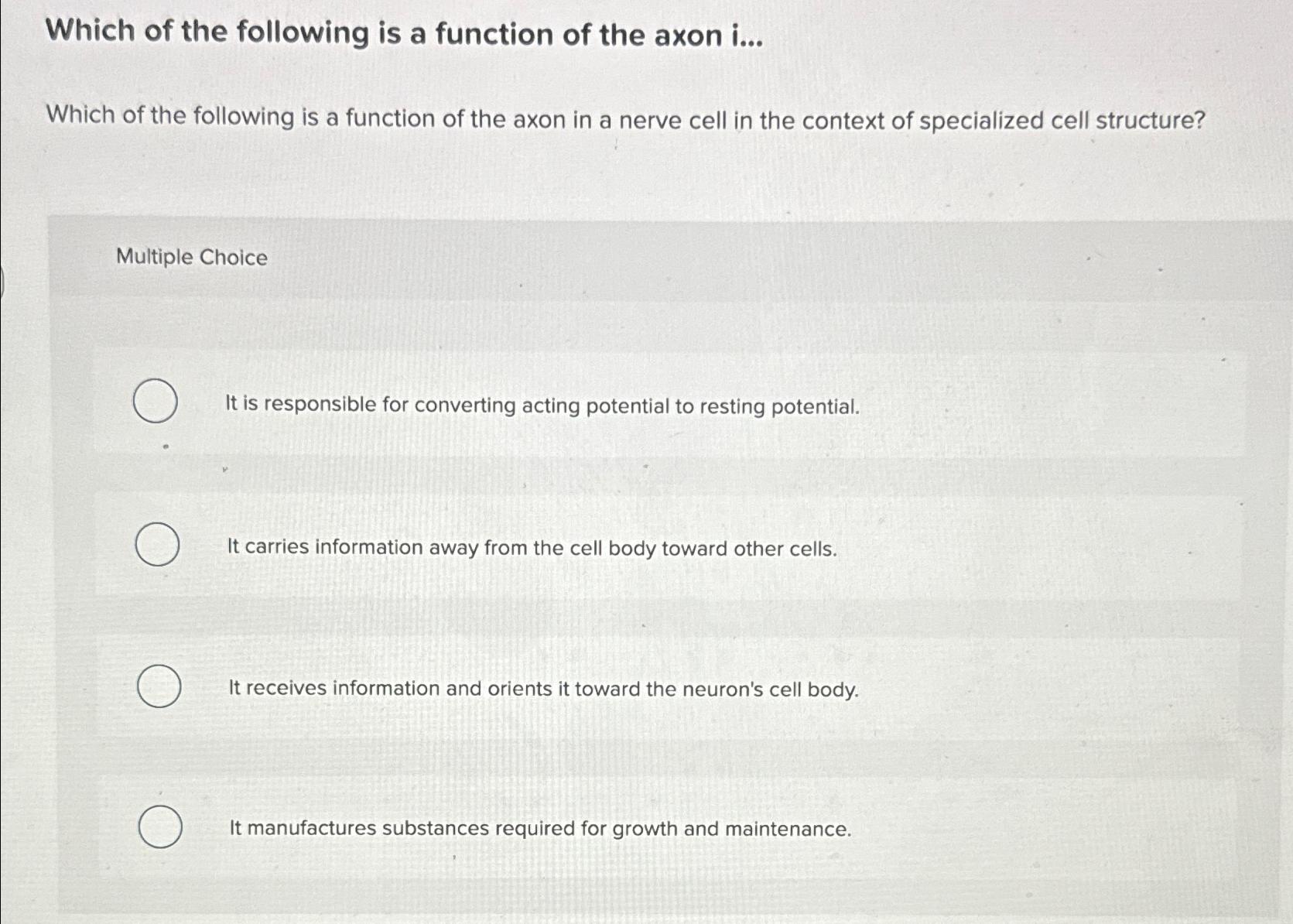 Solved Which of the following is a function of the axon | Chegg.com