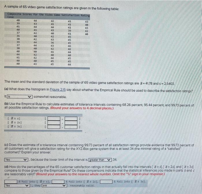 Solved A sample of 65 video game satisfaction ratings are | Chegg.com