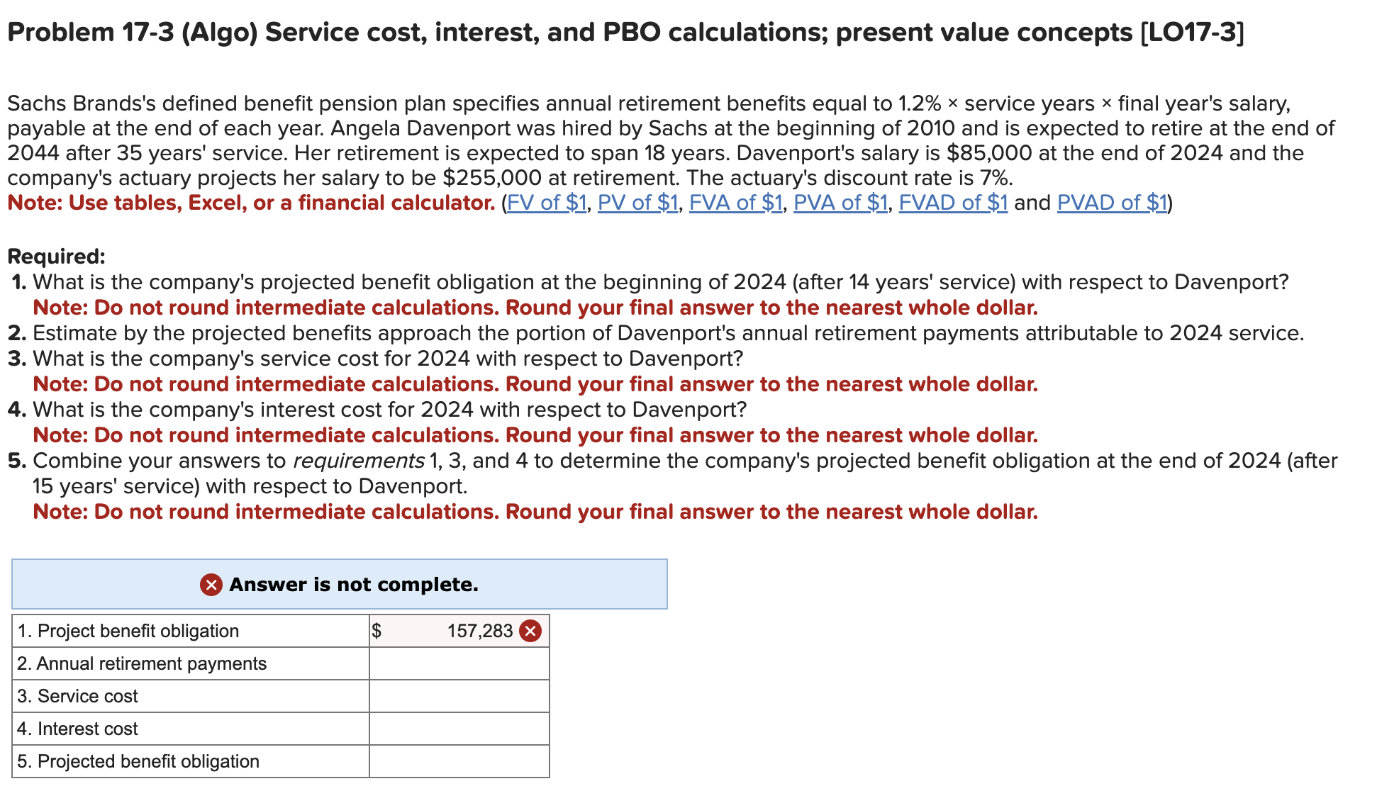Solved Problem 17-3 (Algo) ﻿Service cost, interest, and PBO | Chegg.com