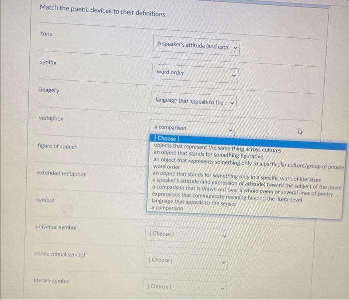 Match the poetic devices to their definitions. tone | Chegg.com