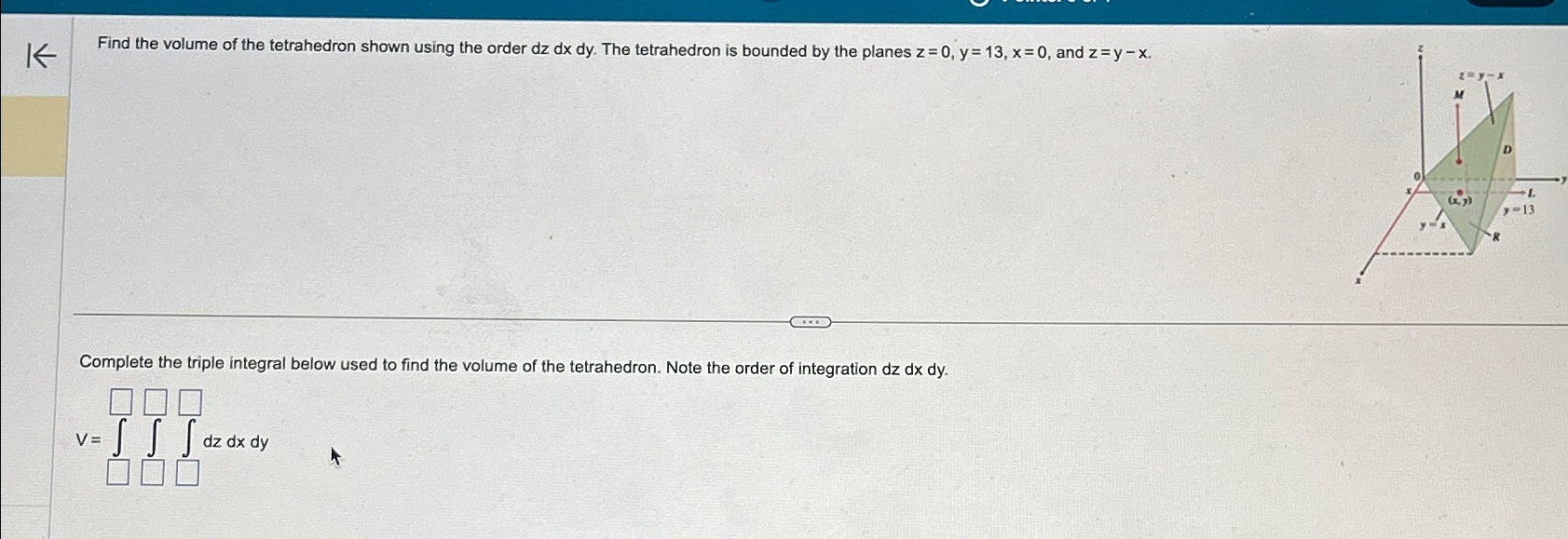 Solved Find the volume of the tetrahedron shown using the | Chegg.com