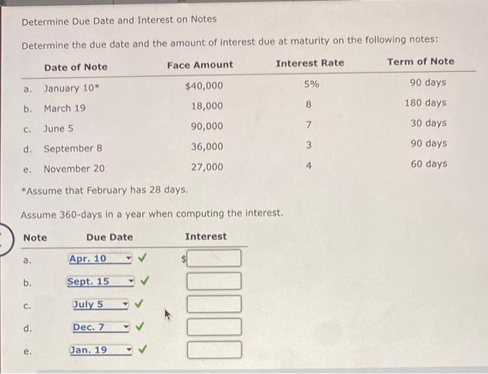 Solved Determine Due Date and Interest on Notes Determine | Chegg.com