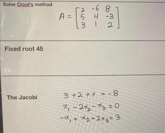Solved Solve Crout's method A=⎣⎡253−6418−32⎦⎤ Fixed root 45 | Chegg.com
