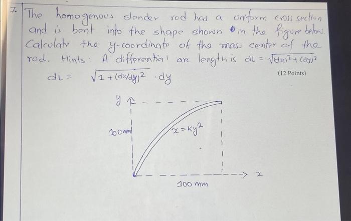 Solved The homogenous slender rod has a uniform cross | Chegg.com