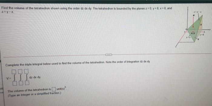Solved Find the volume of the tetrahedron shown using the | Chegg.com