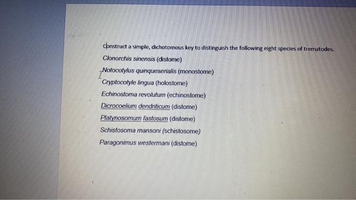 Solved construct a simple, dichotomous key to distinguish | Chegg.com