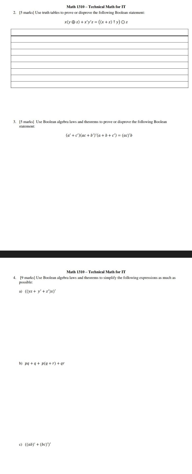 Solved Math 1310 - Technical Math for IT 2. [5 marks] Use | Chegg.com