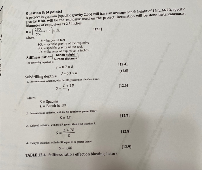 Solved Question 8: (4 points) A project in gypsum (specific | Chegg.com