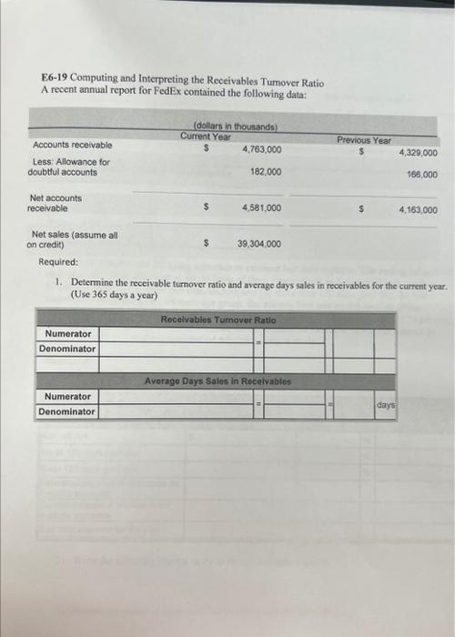 Solved E6-19 Computing and Interpreting the Receivables | Chegg.com
