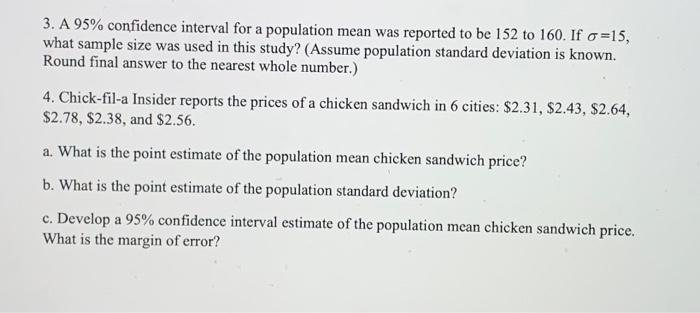 Solved 3. A 95% confidence interval for a population mean | Chegg.com