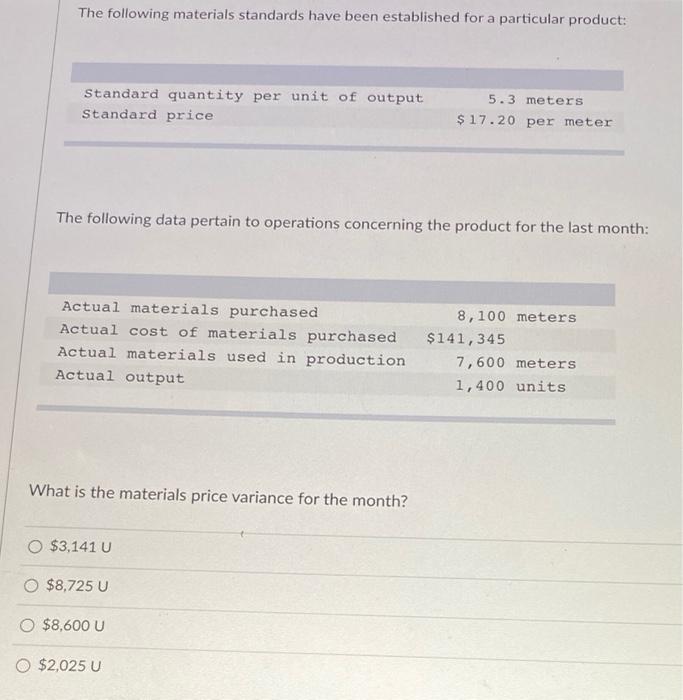 Solved The following materials standards have been | Chegg.com