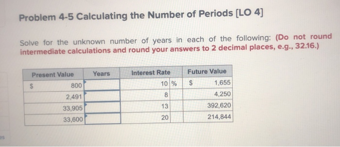 Solved Problem 4-5 Calculating the Number of Periods [LO 4] | Chegg.com