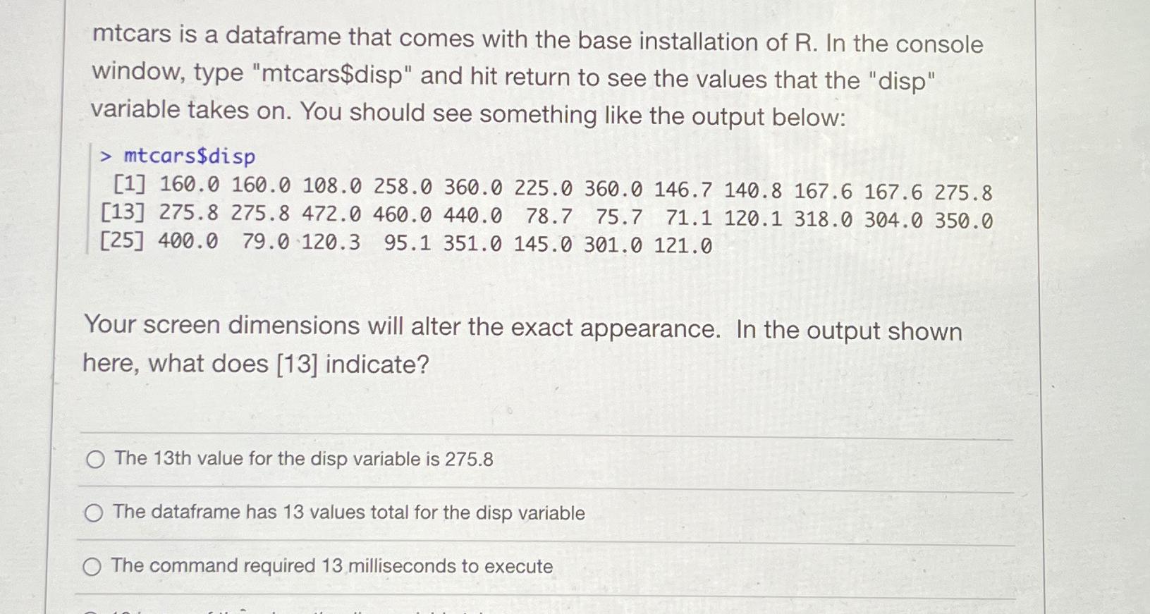 Solved mtcars is a dataframe that comes with the base | Chegg.com