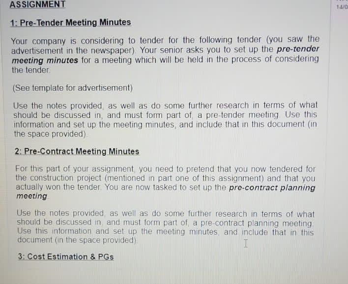 Solved ASSIGNMENT 14/0 1: Pre-Tender Meeting Minutes Your | Chegg.com