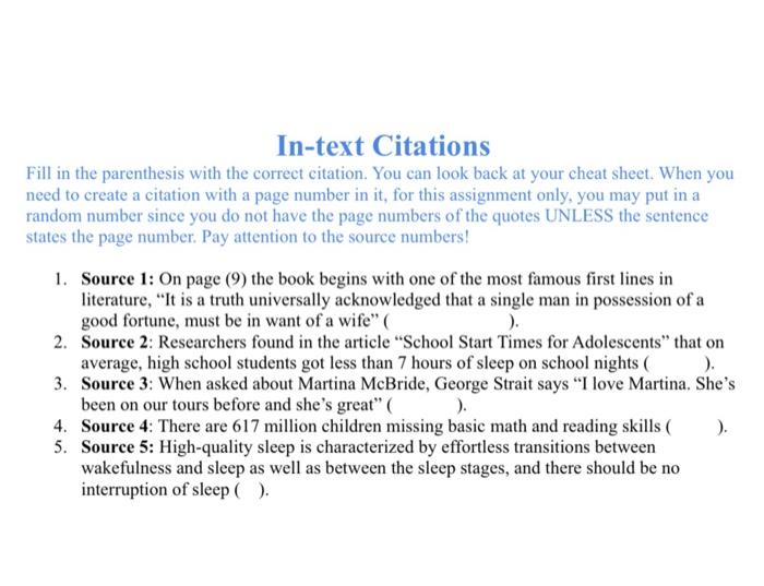 In-text Citations Fill in the parenthesis with the | Chegg.com