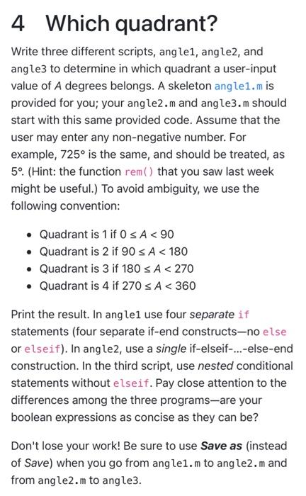 Solved 4 Which quadrant? Write three different scripts, ang | Chegg.com