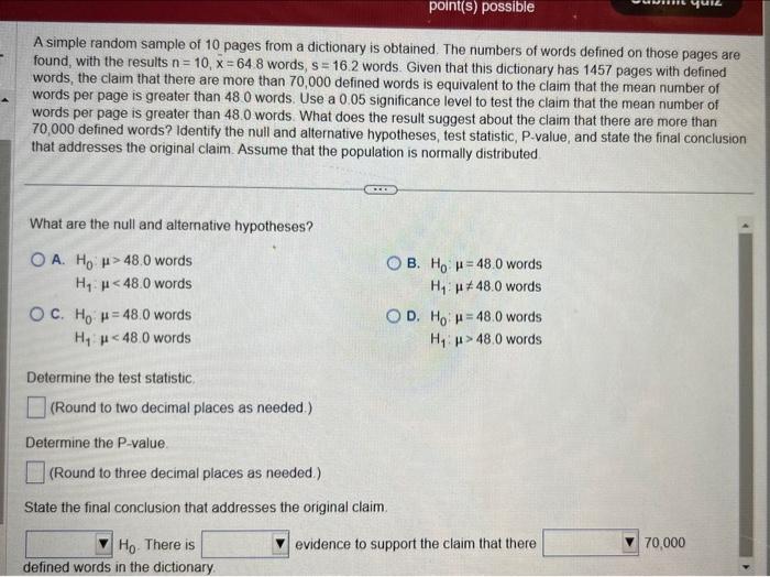 Solved A simple random sample of 10 pages from a dictionary | Chegg.com