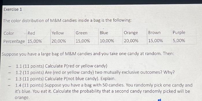 Solved Exercise 1 The color distribution of M&M candies | Chegg.com