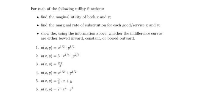 Solved For each of the following utility functions: - find | Chegg.com
