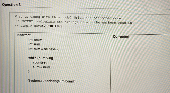 Solved Question 3 What is wrong with this code? Write the | Chegg.com