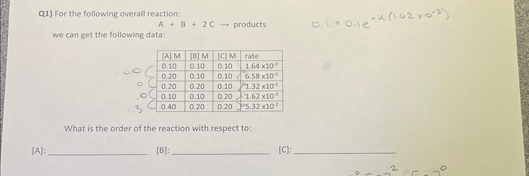 Q1) ﻿For the following overall reaction:A+B+2C→ | Chegg.com