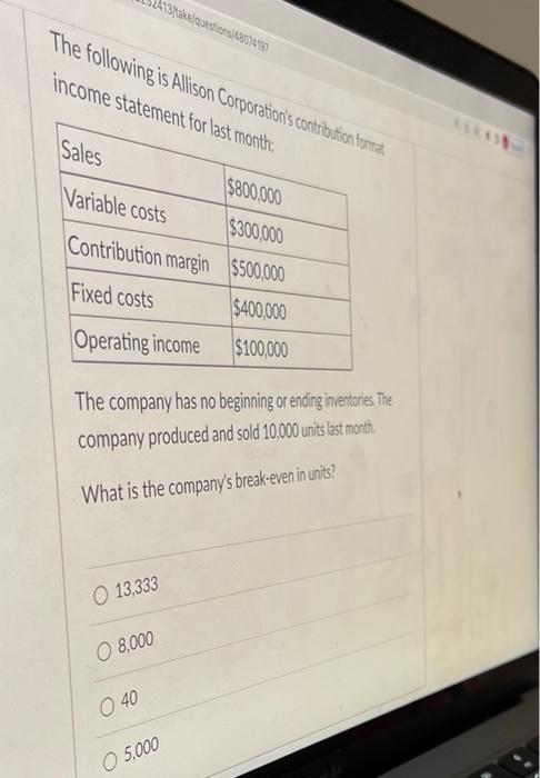 The following is Allison Corporation's income | Chegg.com