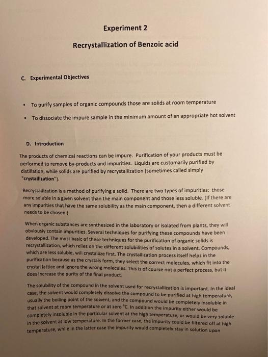 Solved Experiment 2 Recrystallization of Benzoic acid C. | Chegg.com