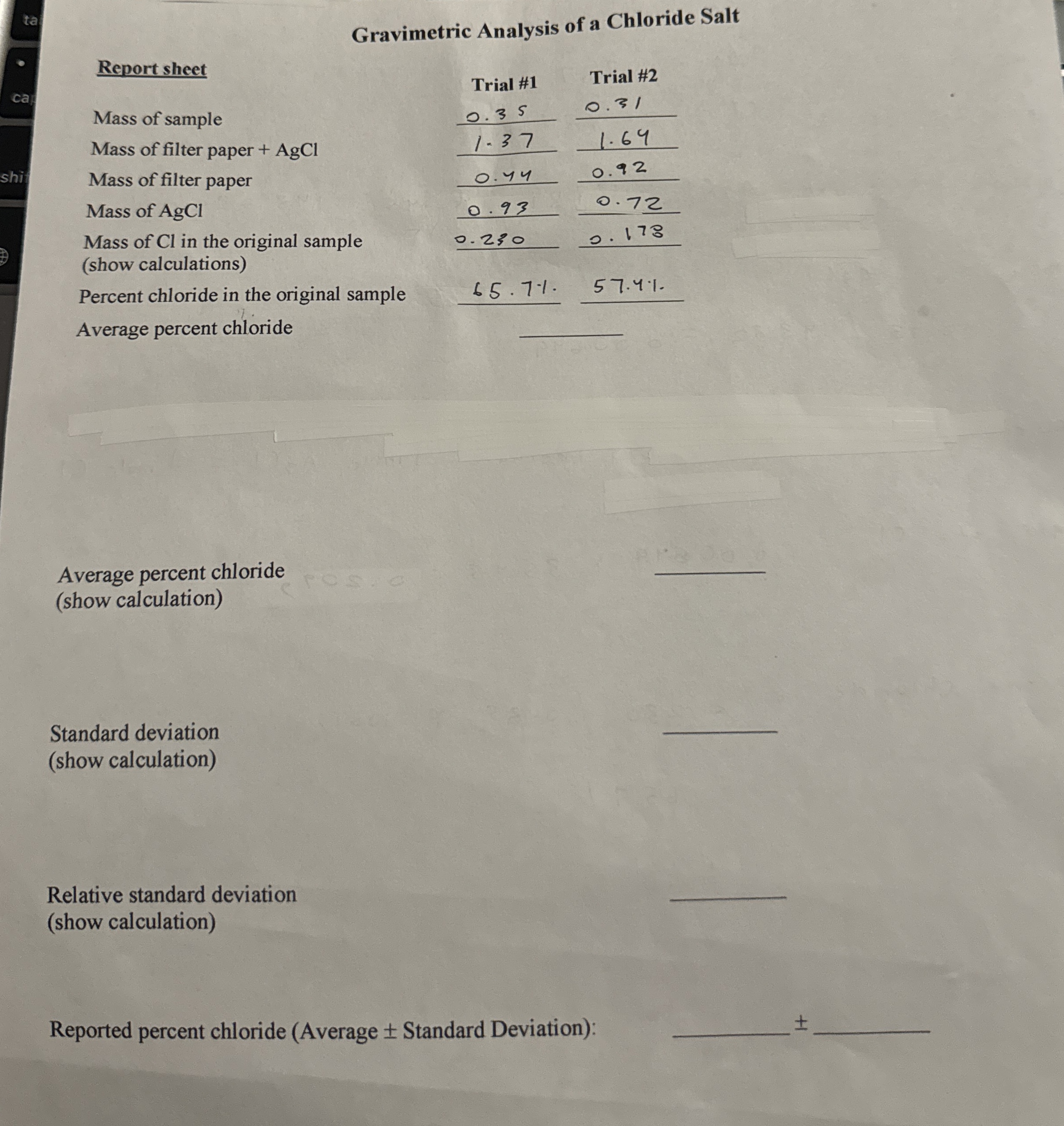Solved Gravimetric Analysis of a Chloride SaltAverage | Chegg.com