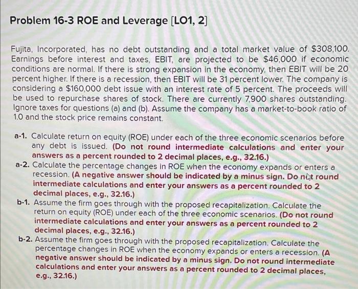 Solved Problem 16-3 ROE and Leverage (LO1, 2] Fujita, | Chegg.com