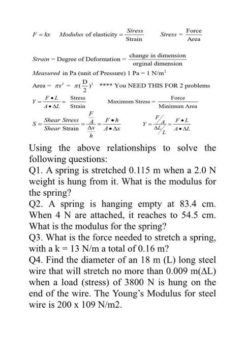 Solved F = kx Modulus of elasticity Stress Strain Stress = | Chegg.com