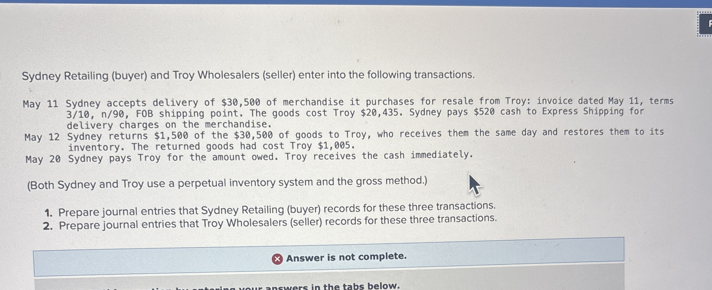 Solved Sydney Retailing (buyer) ﻿and Troy Wholesalers | Chegg.com