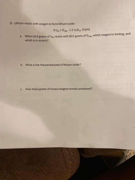 Solved 15. Lithium reacts with oxygen to form lithium oxide: | Chegg.com