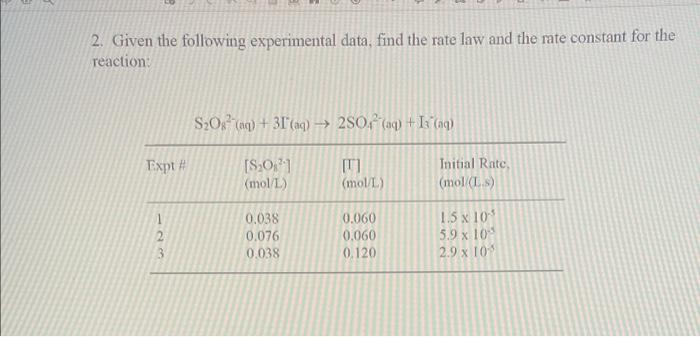 Solved 2. Given the following experimental data, find the | Chegg.com