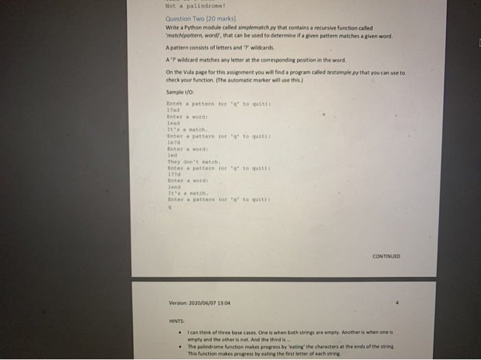 Solved Not a palindrome! Question Two (20 marks) Write a | Chegg.com